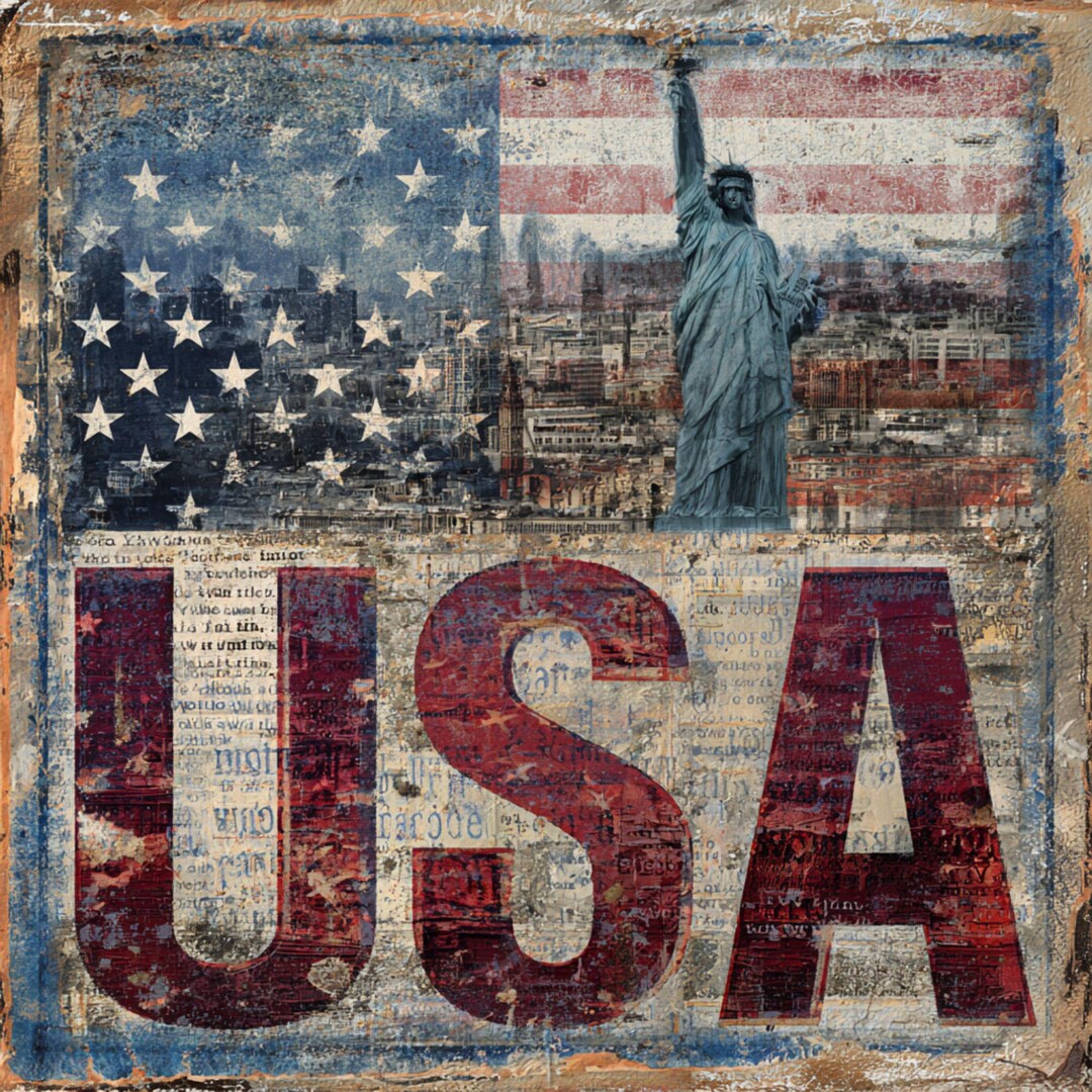 Vintage Patriotic Metal Sign: Distressed American Flag, Statue of ...