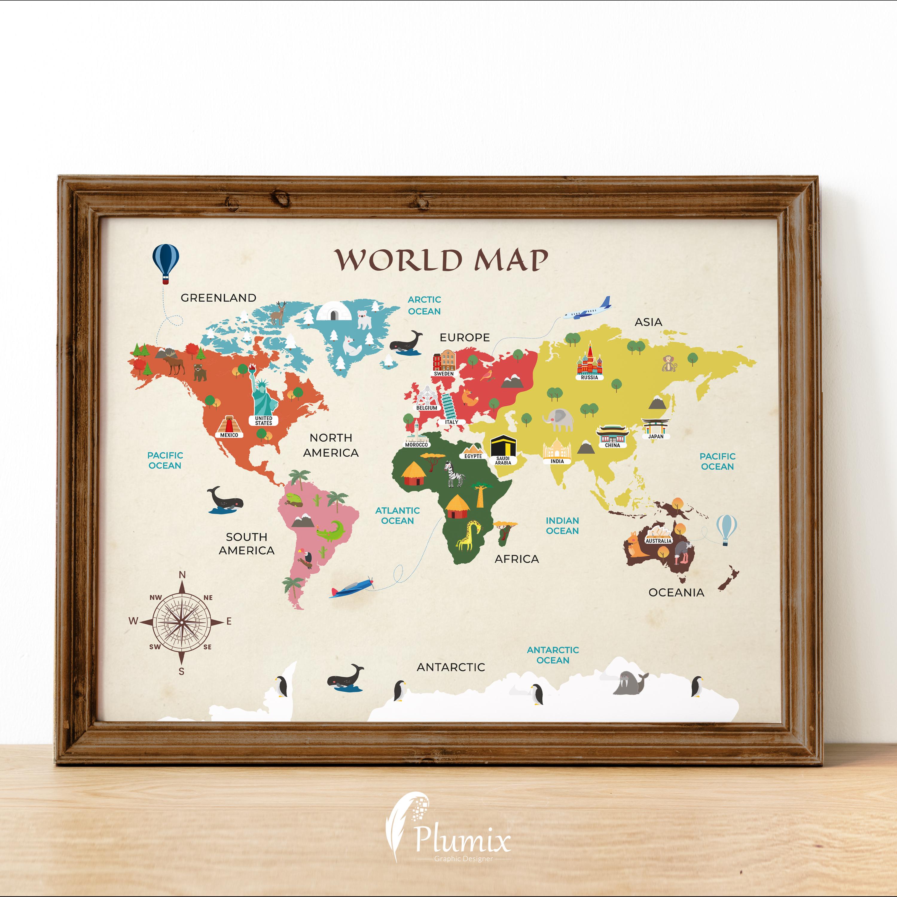 World Map - Educational Poster - Continents, Oceans and Monuments ...