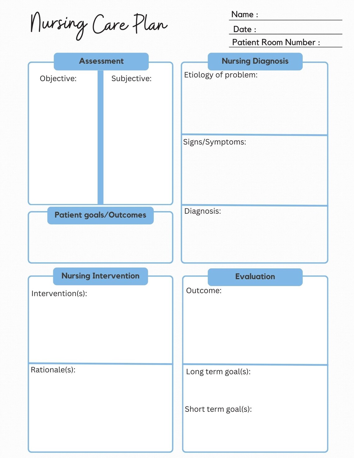 Nursing Care Plan Template - Etsy