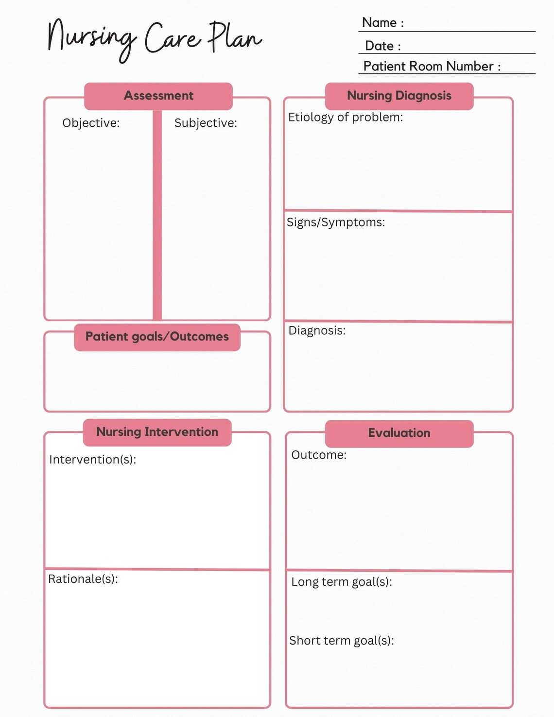 Nursing Care Plan Template - Etsy