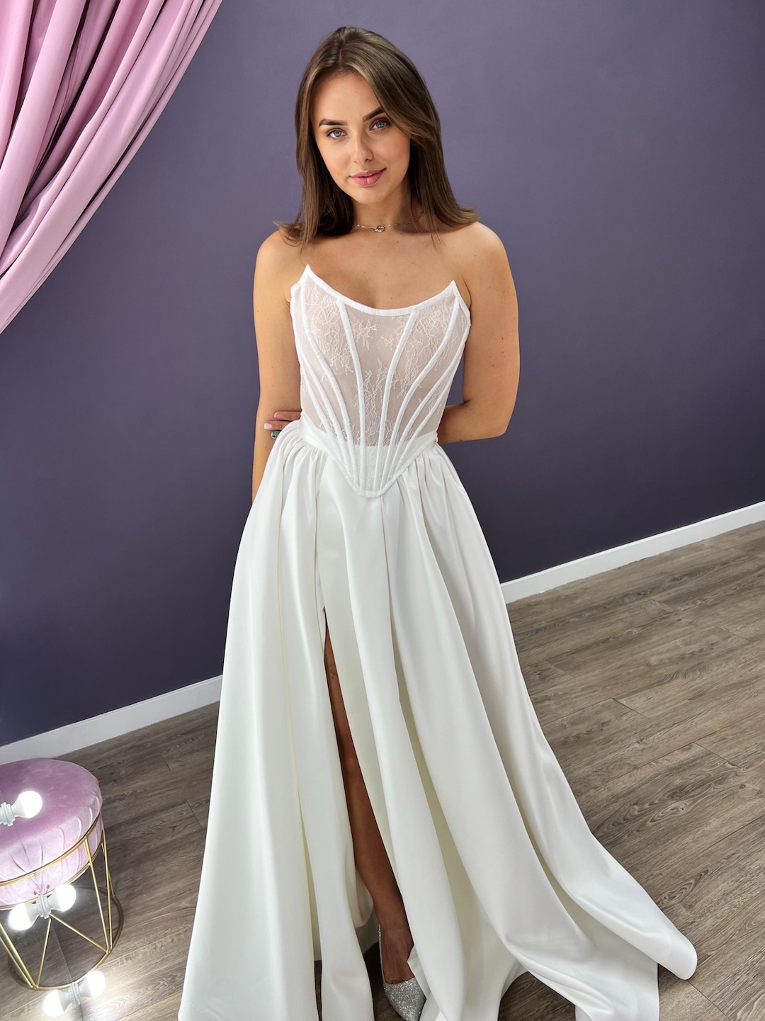 Lace Basque Wedding Corset, Drop Lacey Waist Bridal Corset, Two Piece Bridal Set, Chic Wedding ...