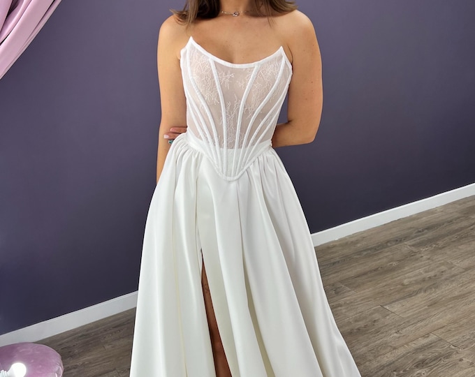 Basque Waist Bridal Corset Strapless Satin Wedding Corset Unique Hand ...