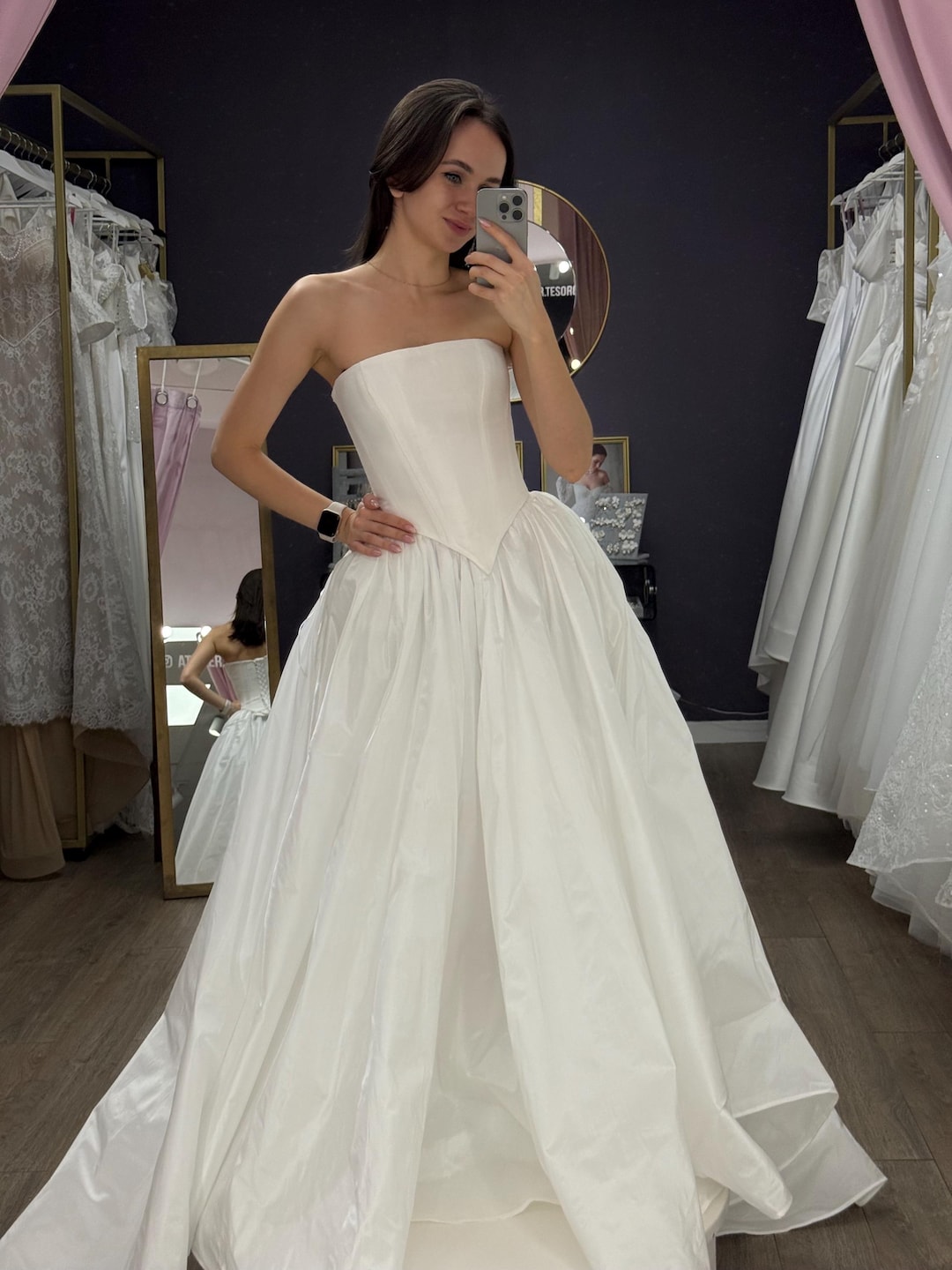 Basque Waist Princess Gown, Straight Corset Neckline, Modern Drop Waist ...