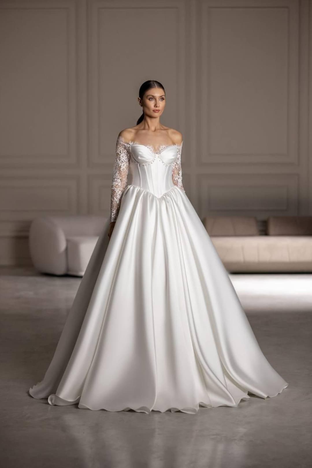 Princess Satin Bridal Gown, Basque Waist Wedding Dress, Trendy Chic ...