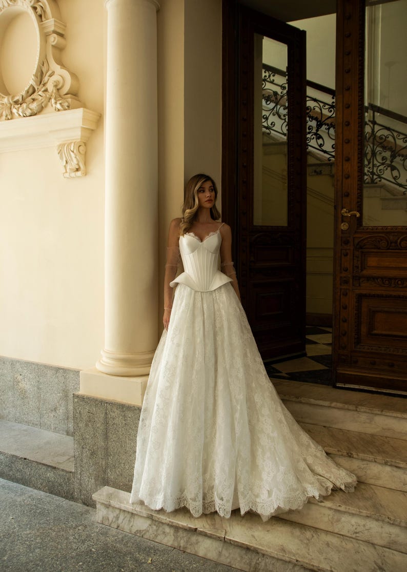 Satin Basque Waist Wedding Gown, Boned Corset, Lace Skirt - Etsy
