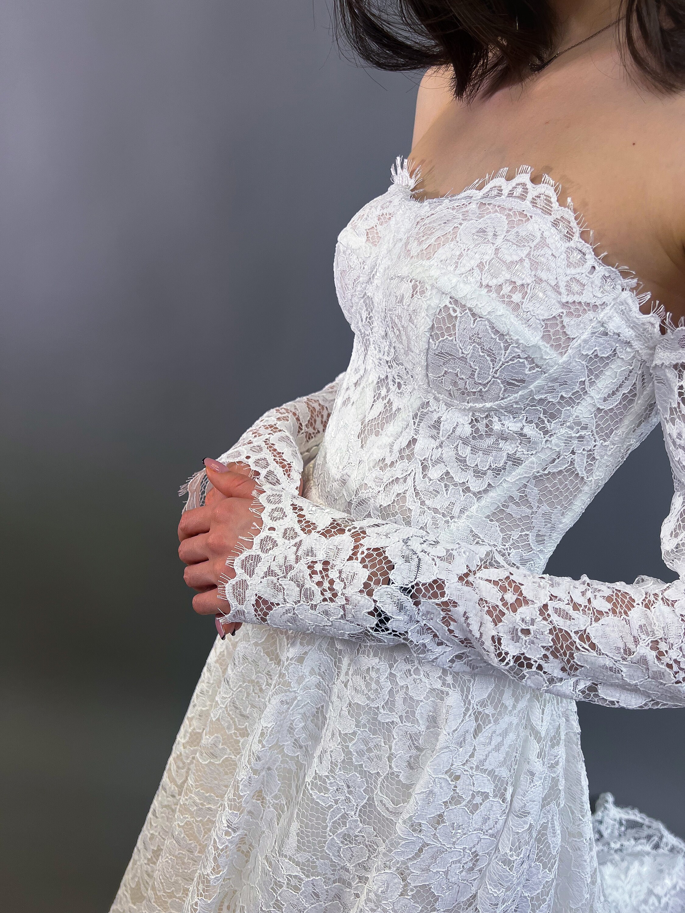 Off the Shoulder Lace A-line Wedding Dress With Long Lace Sleeves - Etsy