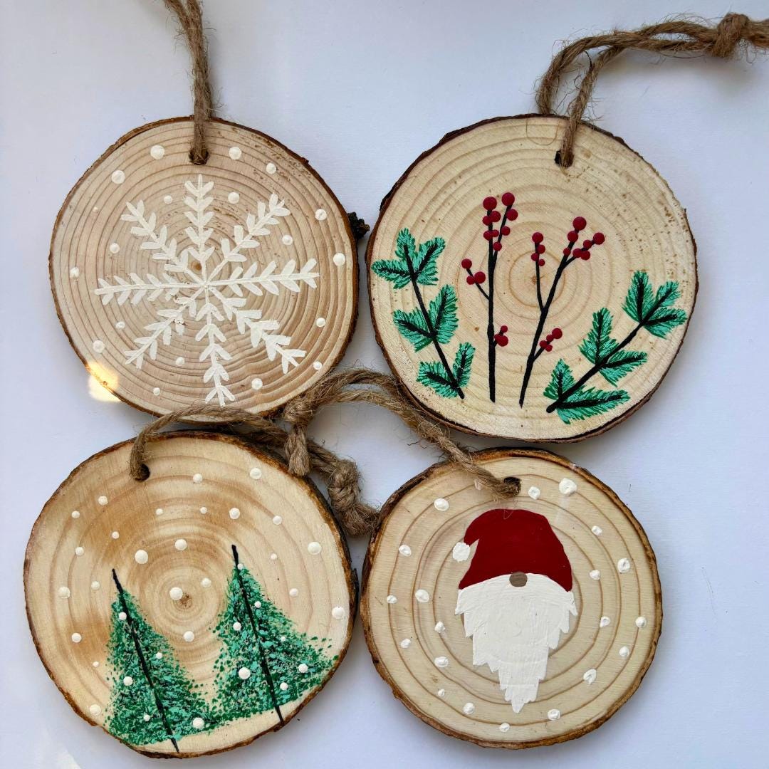 Rustic Hand-painted Wooden Slice Christmas Ornaments/rustic Holiday ...