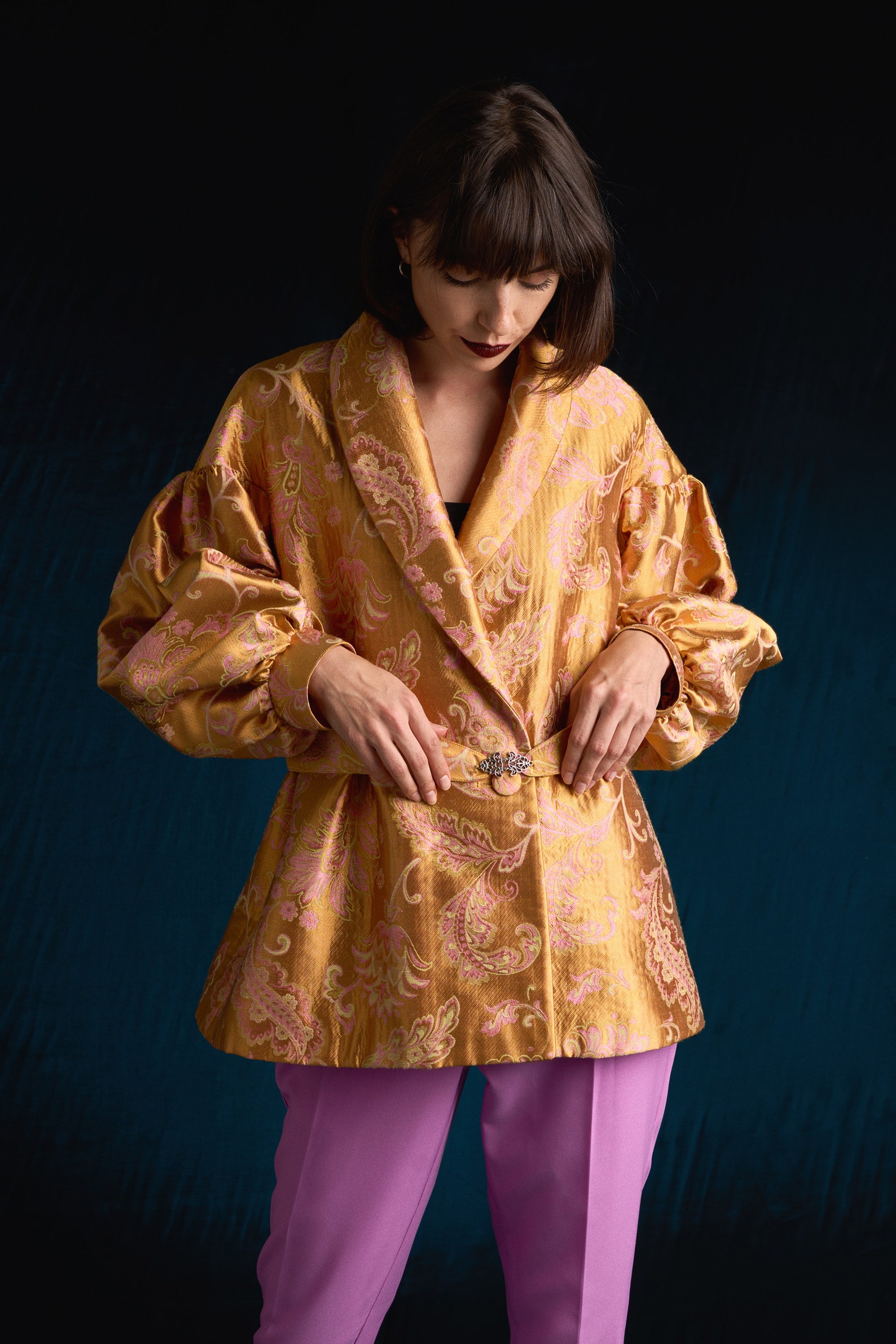 Colette Jacquard Gold Embroidered Coat| Floral Embellished Evening ...