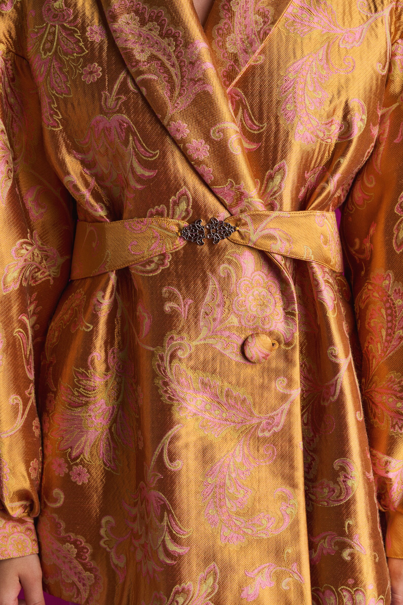 Colette Jacquard Gold Embroidered Coat| Floral Embellished Evening ...