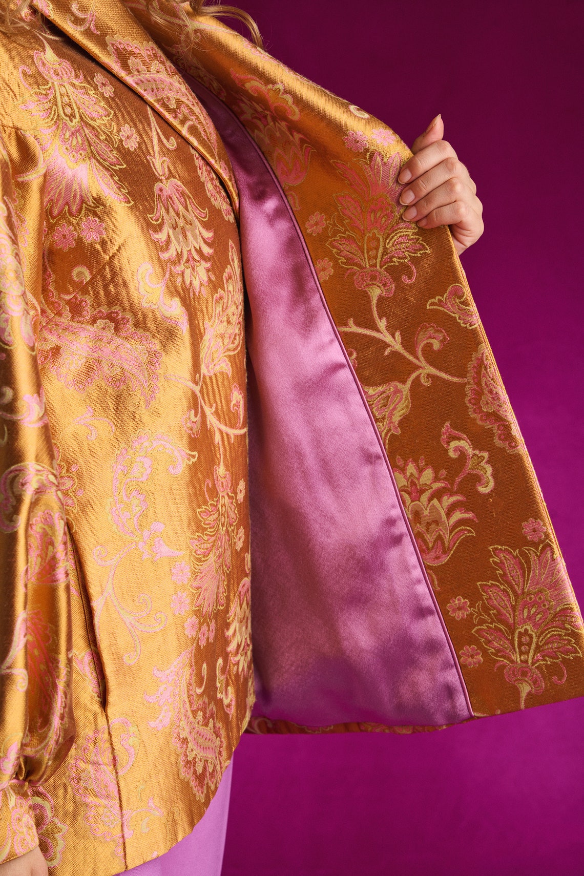 Colette Jacquard Gold Embroidered Coat| Floral Embellished Evening ...