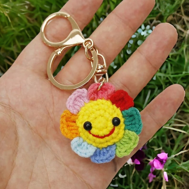 Rainbow Sunflower Crochet Keychain, Hand Knitted Wool Pendant, Keyring ...