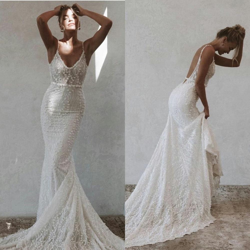 Boho Lace Mermaid Wedding Dress, Illusion Low Back Bridal Gown ...