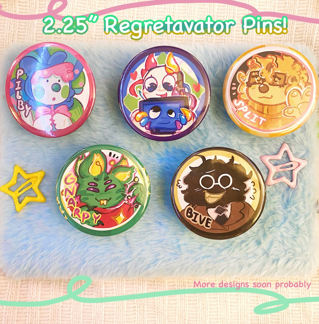 Regretevator Button Pins - Pilby , Gnarpy , Bive , Split , Prototype ...