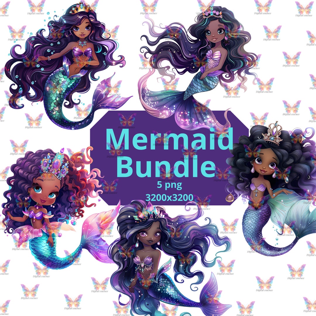 Digital Bundle Black Mermaids Png, Black Mermaid Png, Watercolor ...