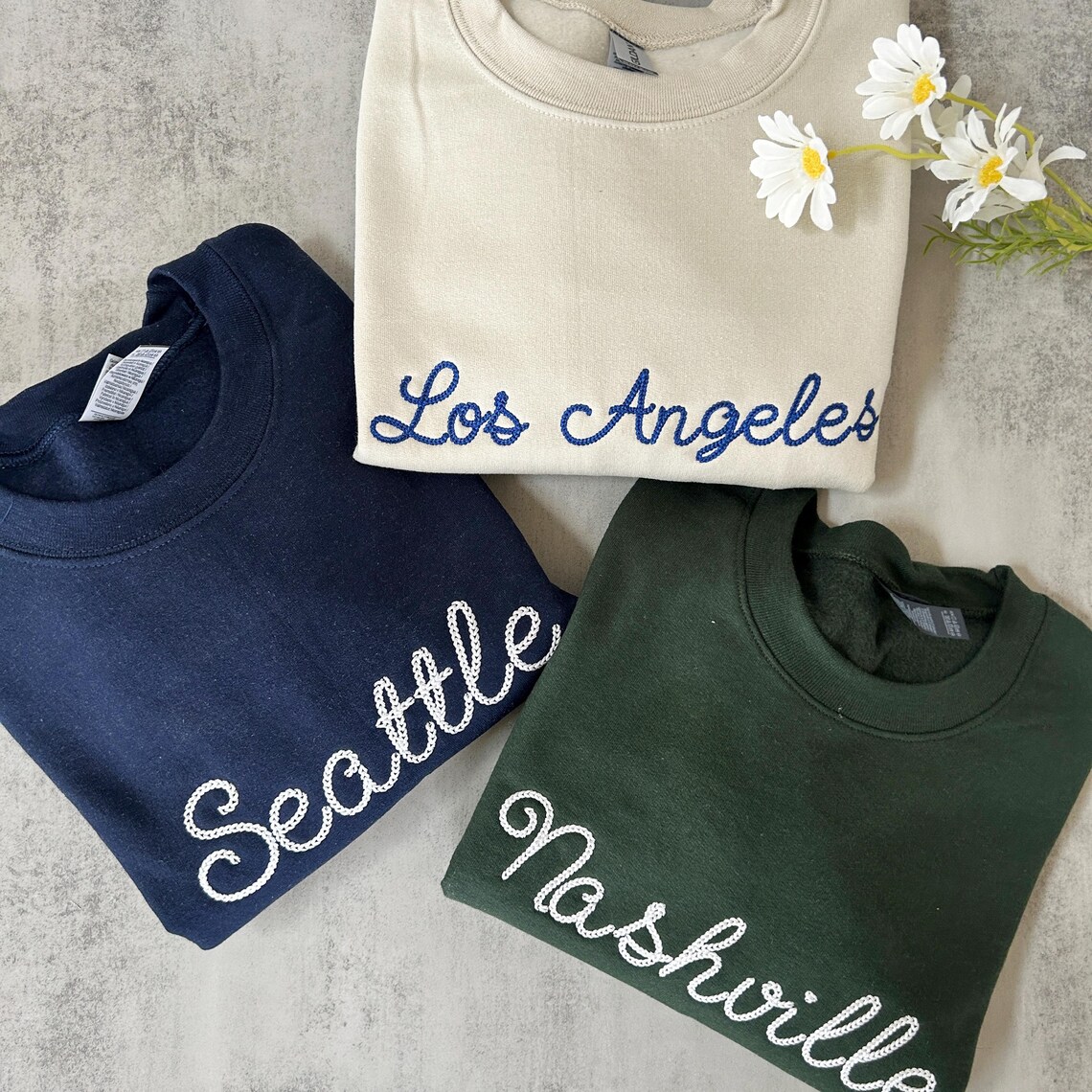Custom Embroidered Chainstitch Location Crewneck, Vintage Chainstitch ...