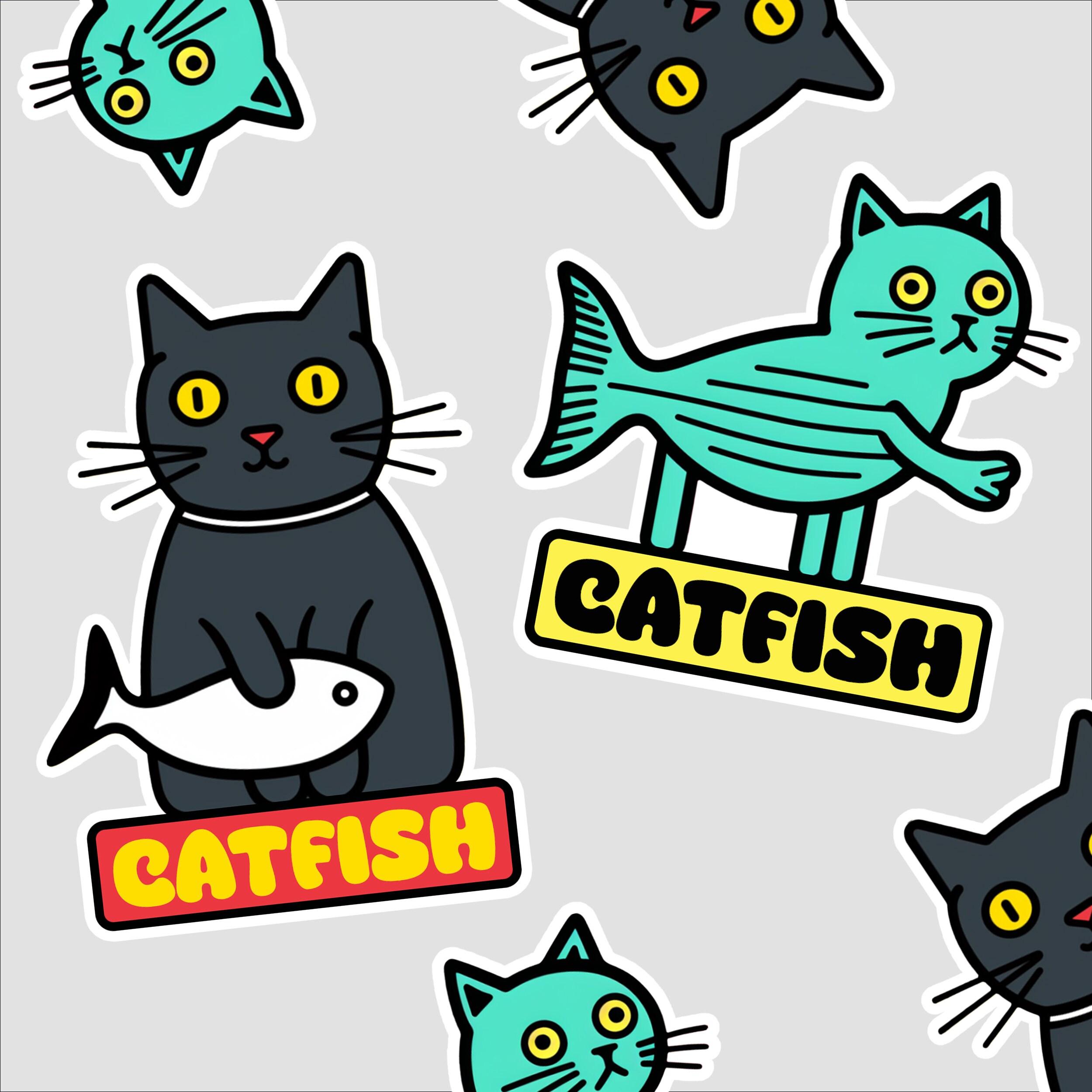 Blue Catfish Illustration Sticker Cute Cat Fish Waterproof Sticker ...