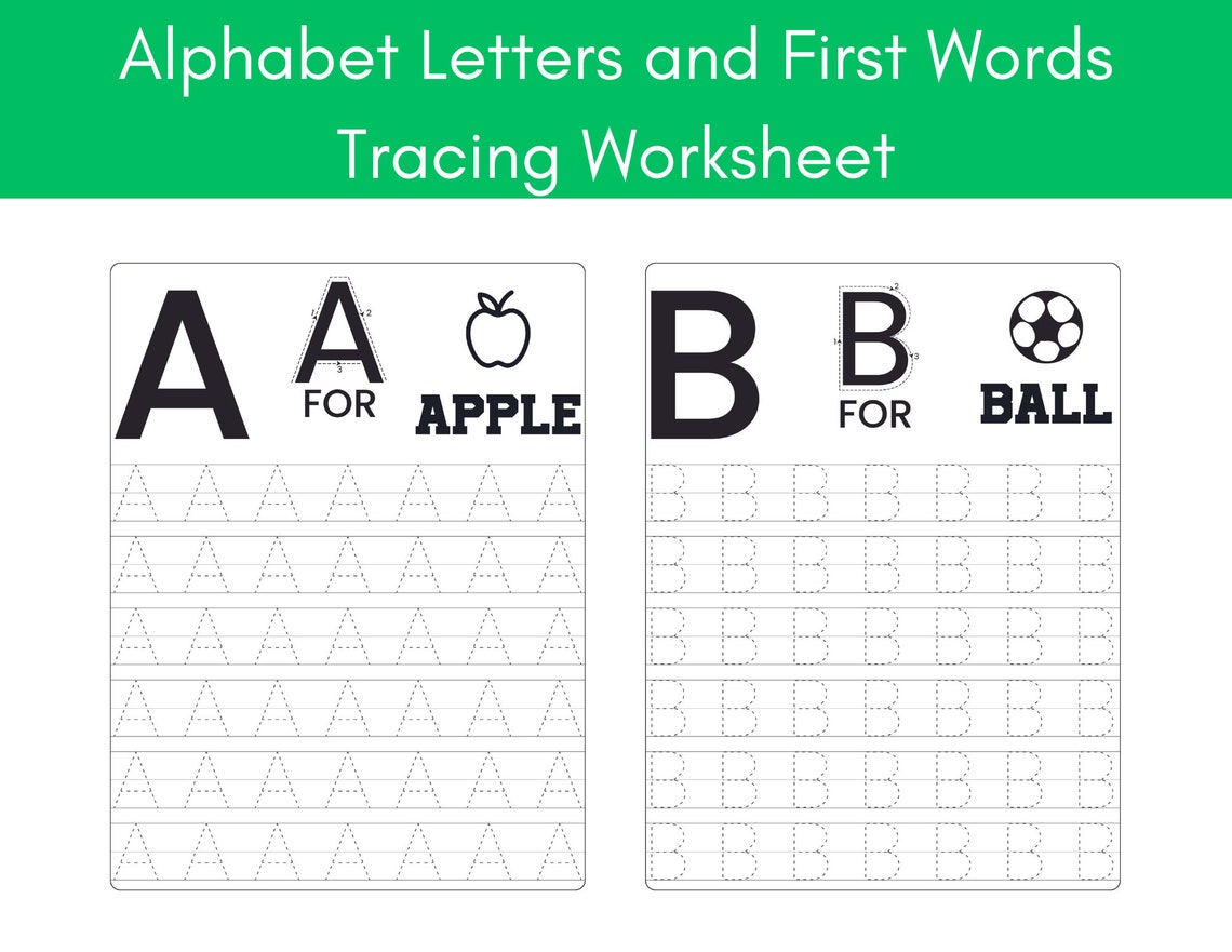Alphabet Letters and First Words Tracing Worksheet - Etsy