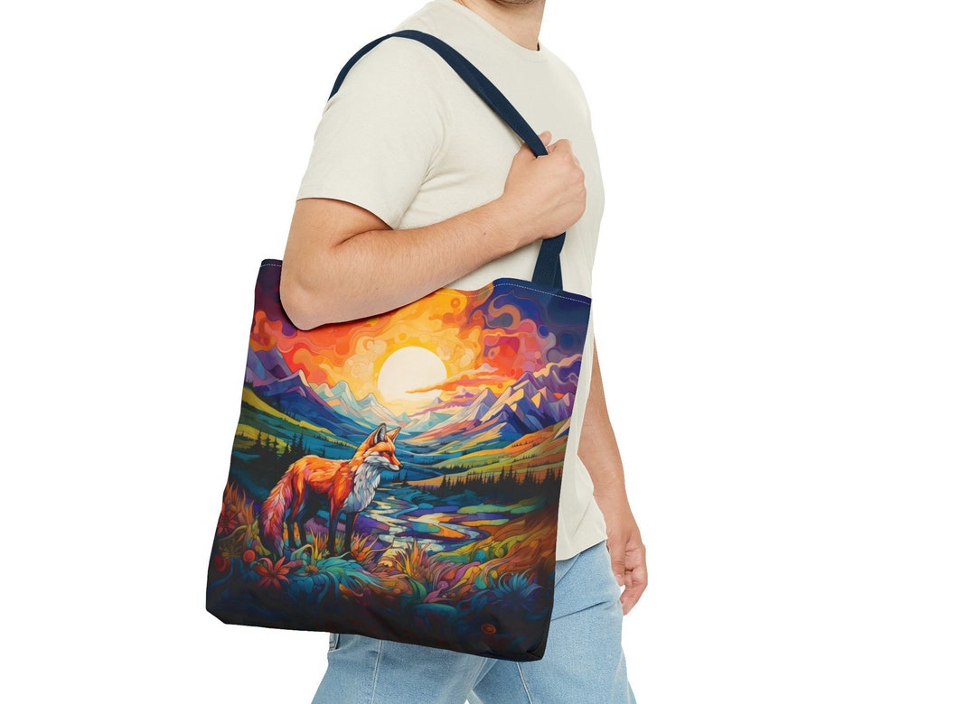 Colorful Fox Tote Bag, Abstract Fox Landscape Tote Bag, Colorful Tote ...