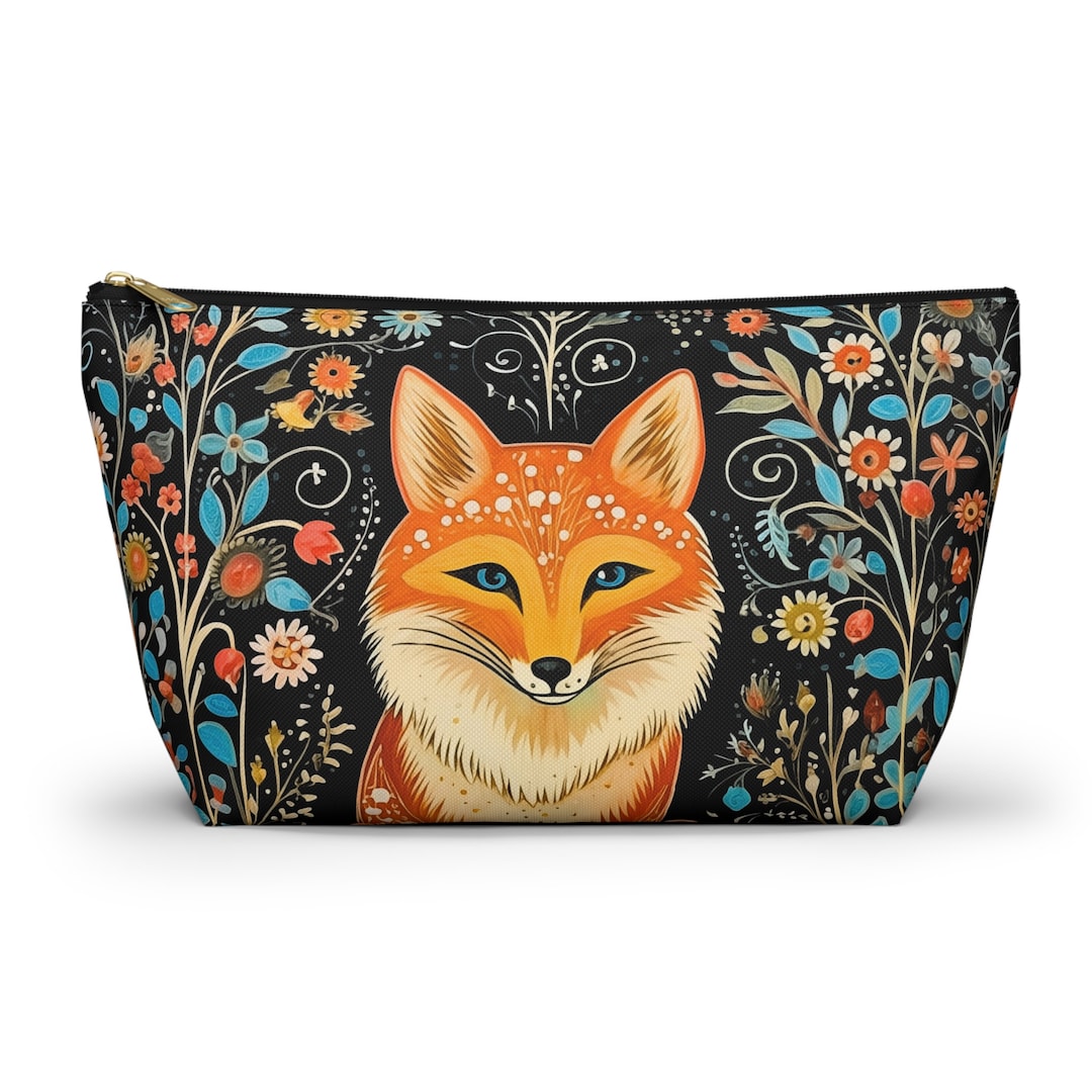 Cottagecore Floral Fox Accessory Pouch, Folk Art Inspired Travel Pouch ...