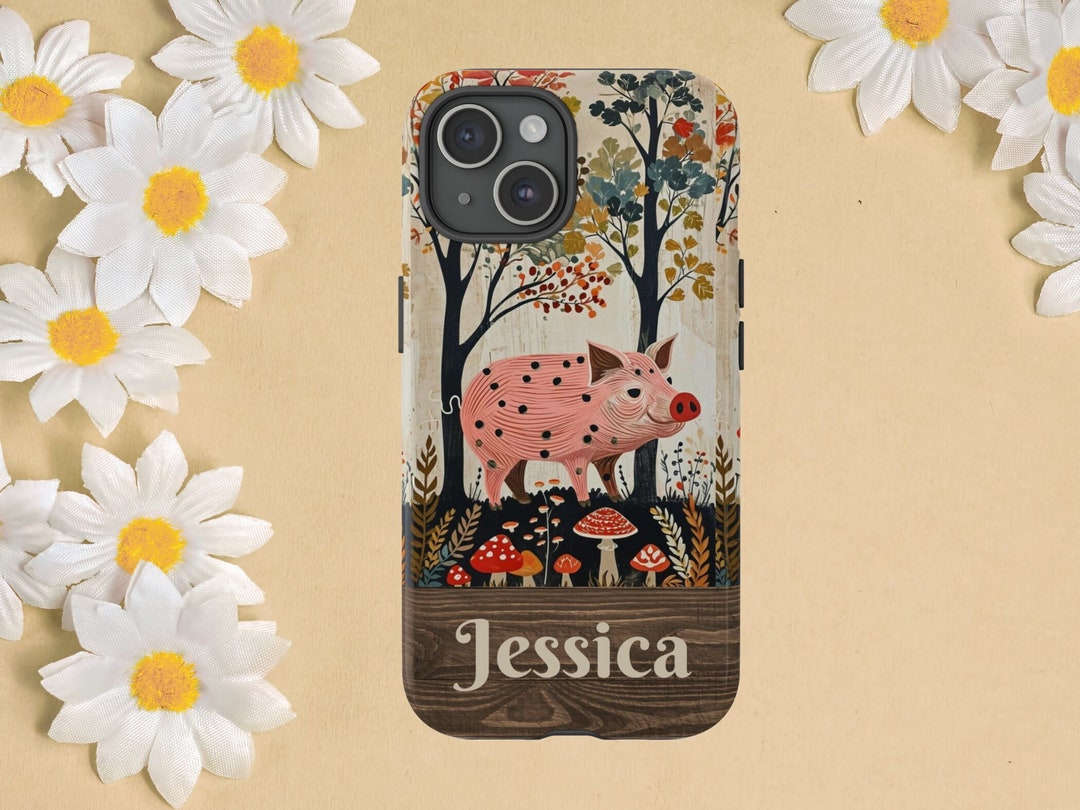 Personalized Cottagecore Pig Phone Case, Folk Art Inspired Pig Tough ...