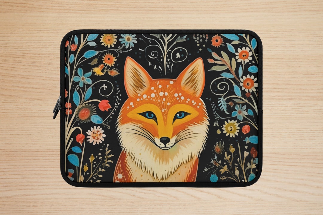 Cottagecore Floral Fox Laptop Sleeve, Folk Art Inspired Laptop Cover ...
