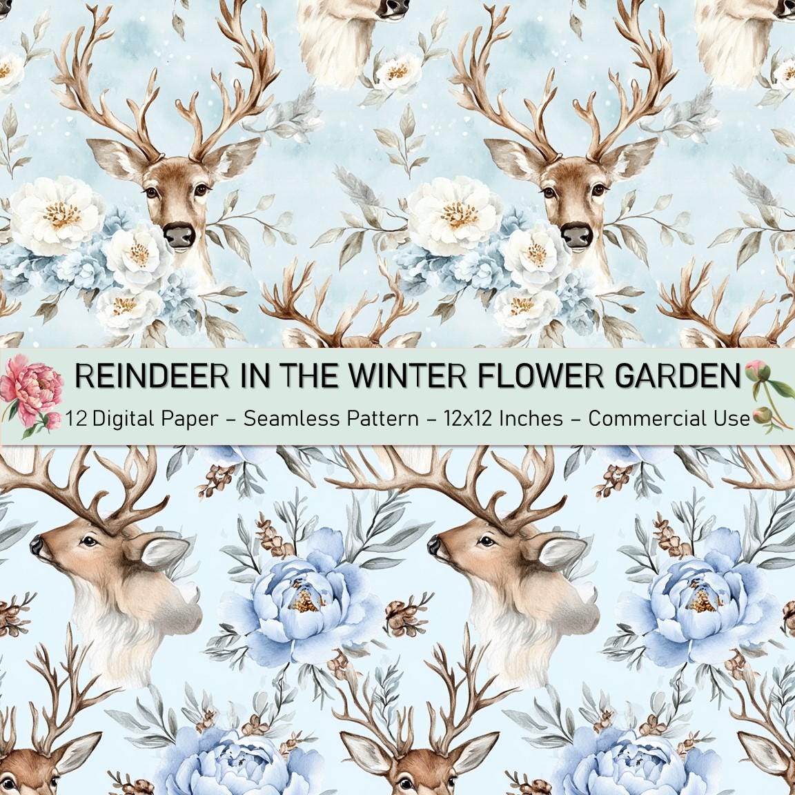 Reindeer in Winter Flower Garden Digital Paper | Seamless Floral, Deer ...
