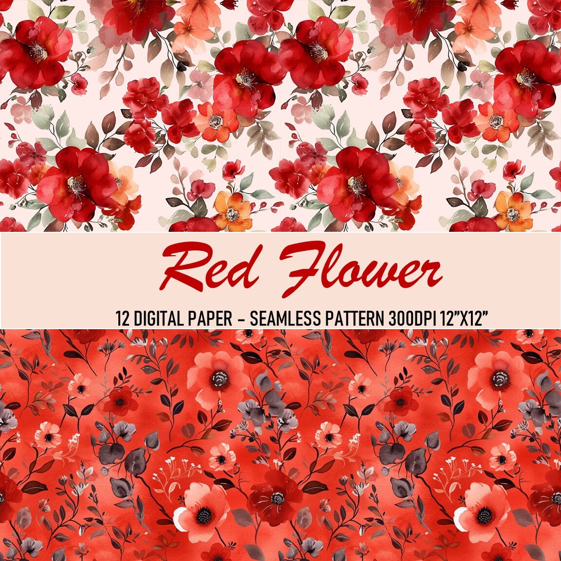 RED FLOWER-12 Png/12 Jpegs Digital Paper Seamless Pattern Water Color ...