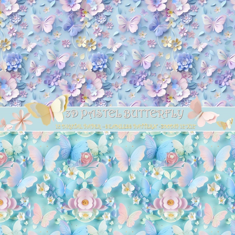 Digital Paper Pack: 3D Pastel Butterfly Seamless Patterns - Instant ...