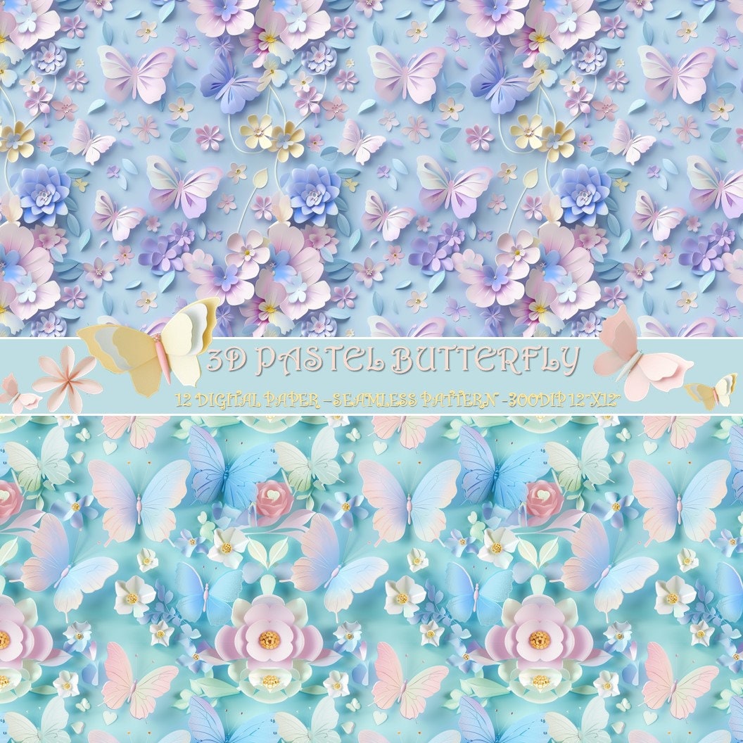Digital Paper Pack: 3D Pastel Butterfly Seamless Patterns - Instant ...