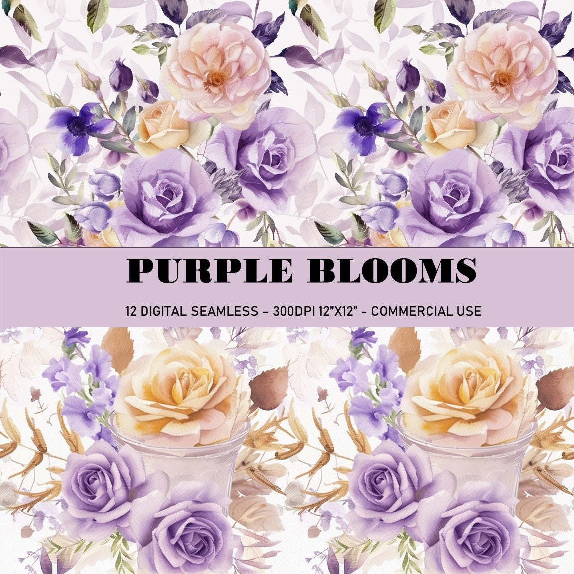 PURPLE BLOOMS Digital Paper Digital Paper Pack 12 Jpegs/12png Seamless ...