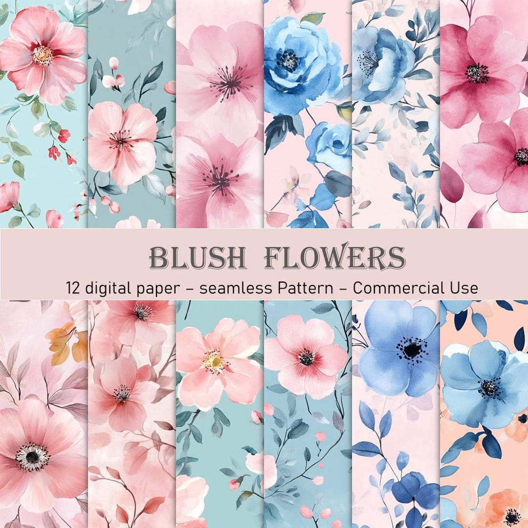 Blush Floral Digital Paper: Seamless Watercolor Flower Patterns (12x12 ...