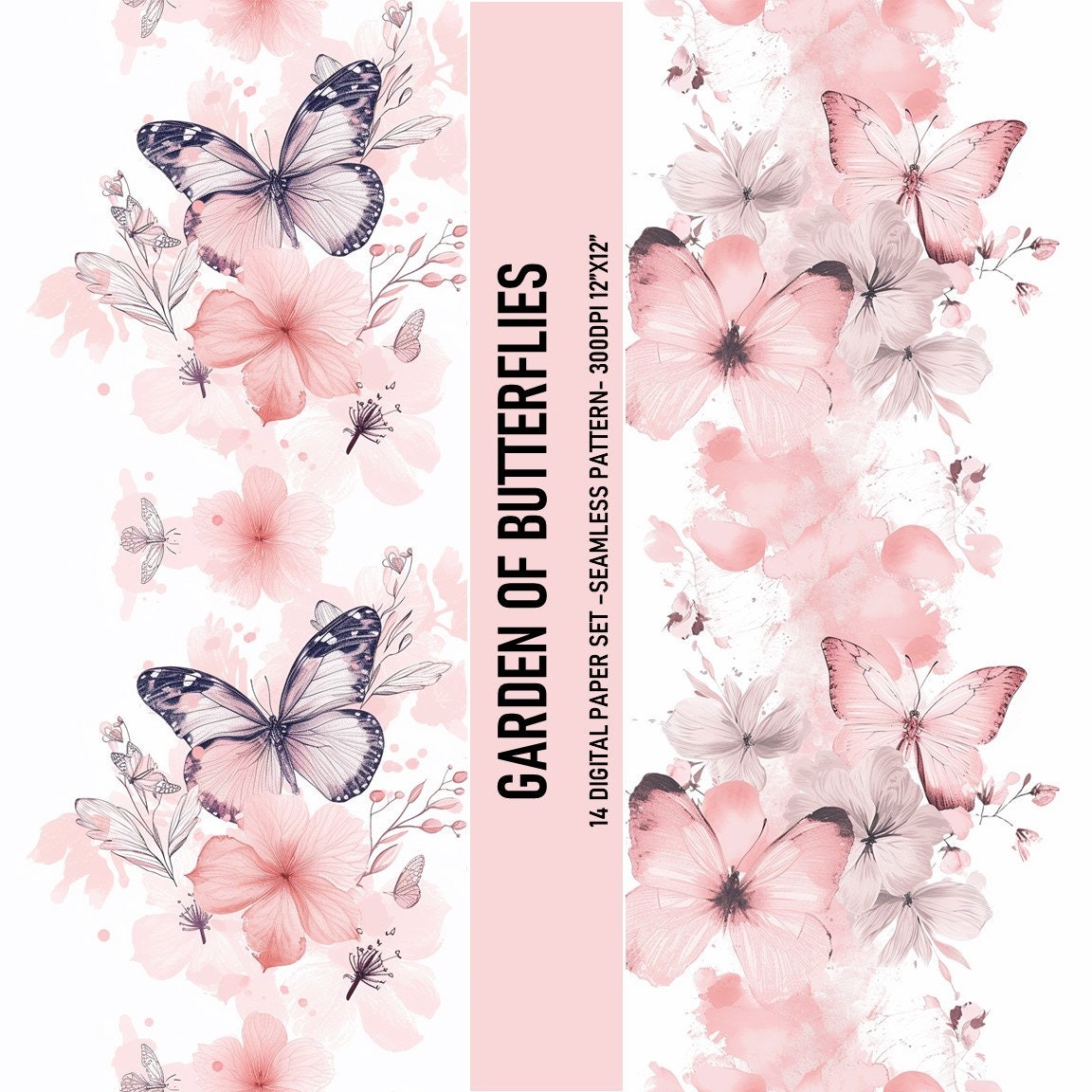 Butterfly Garden Digital Paper Pack: Seamless Watercolor Patterns ...