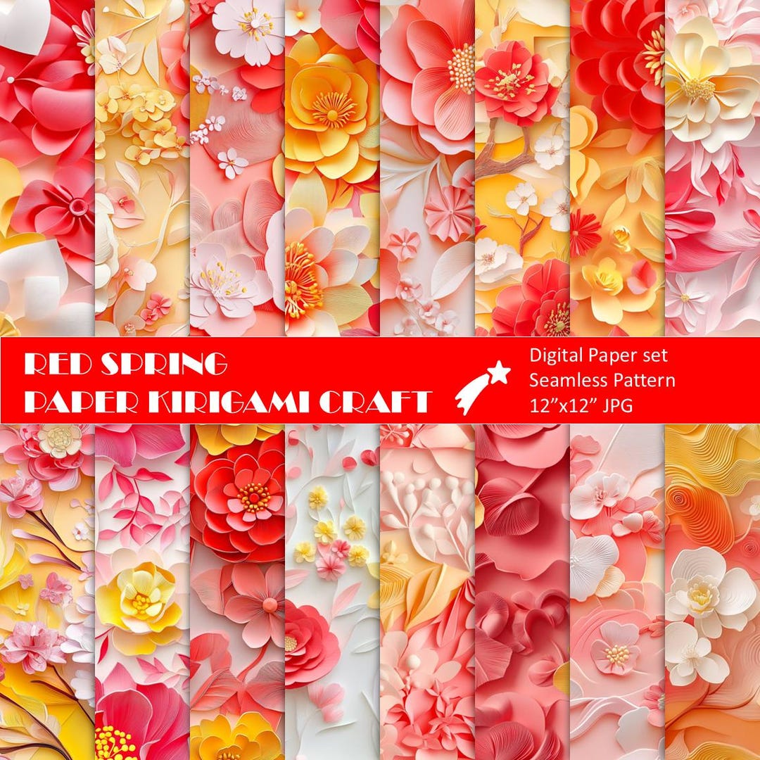 Red Spring Kirigami Digital Paper | 3D Floral Seamless Pattern | Pastel ...
