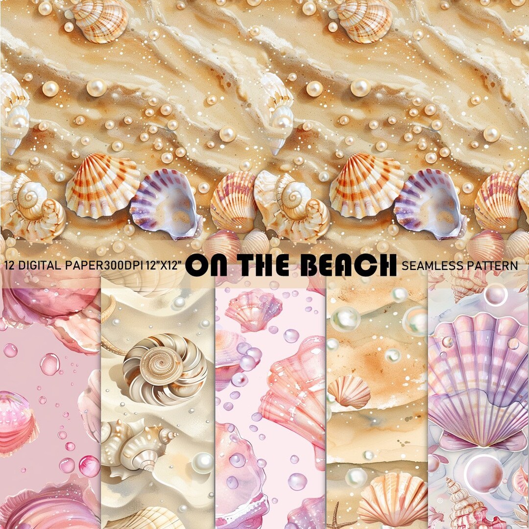 ON THE BEACH Digital Paper ,watercolor - 12 Jpegs , Pastel Sea Shells ...
