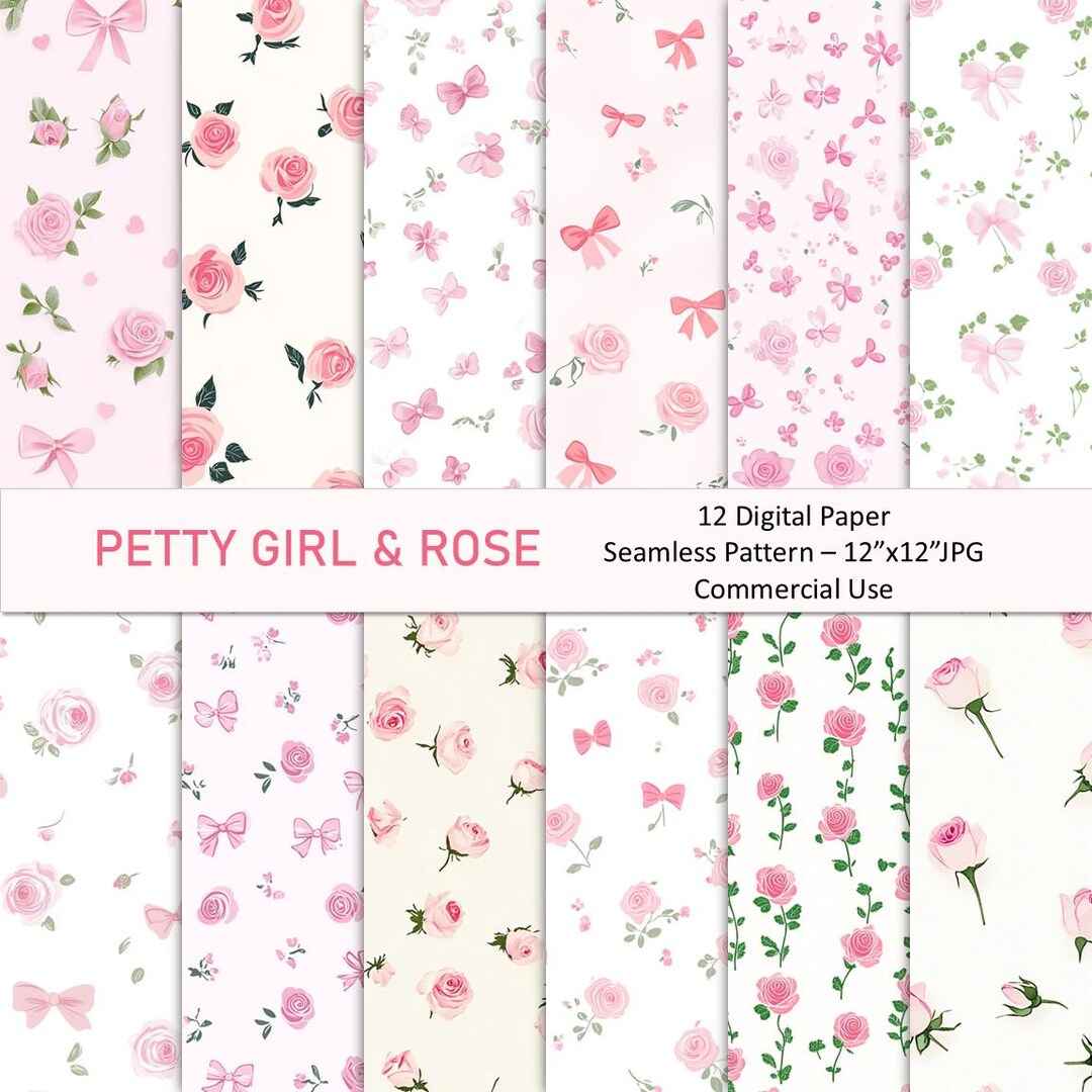 Petty Girl & Rose Digital Paper - Seamless Patterns ,romantic Rose ...