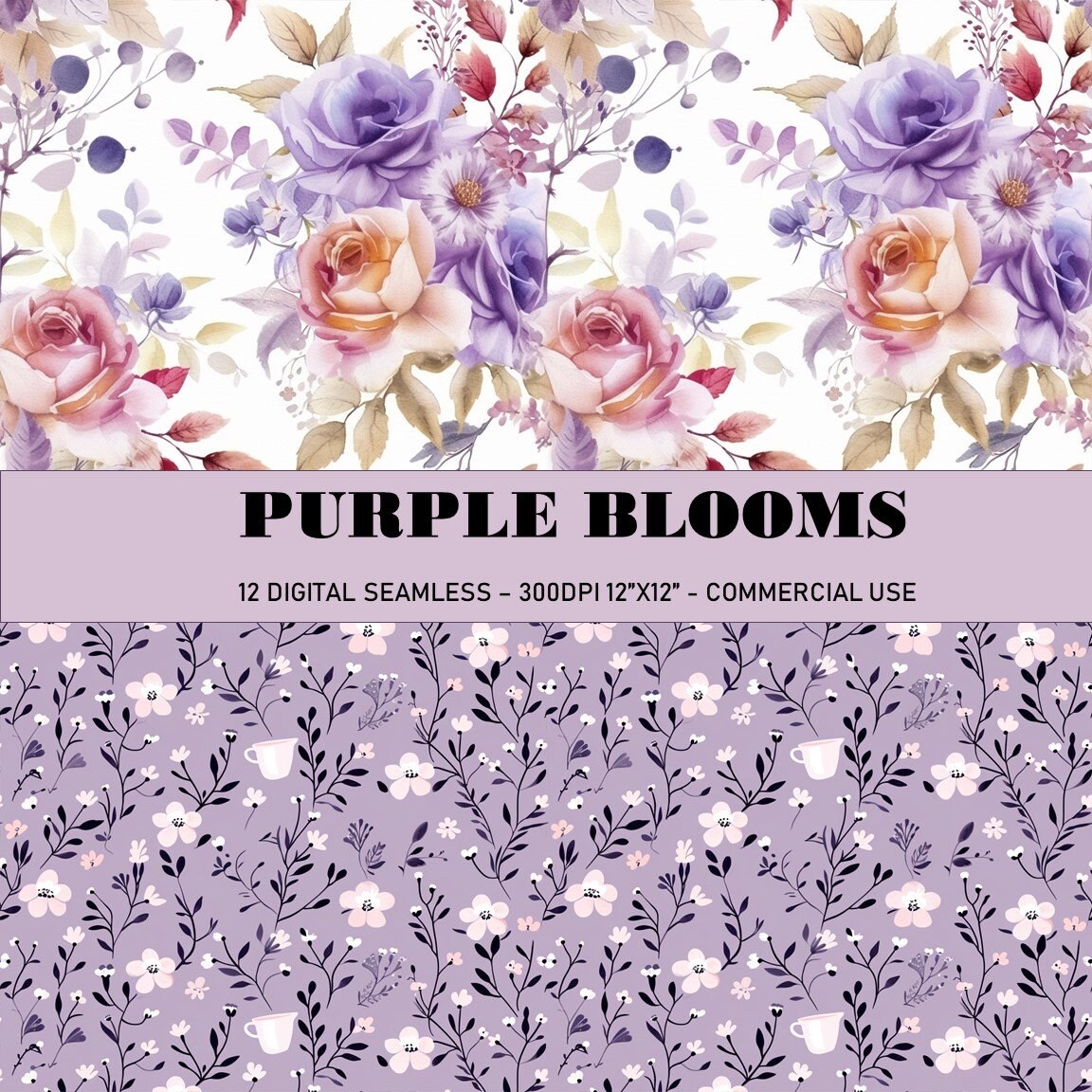 PURPLE BLOOMS Digital Paper Digital Paper Pack 12 Jpegs/12png Seamless ...