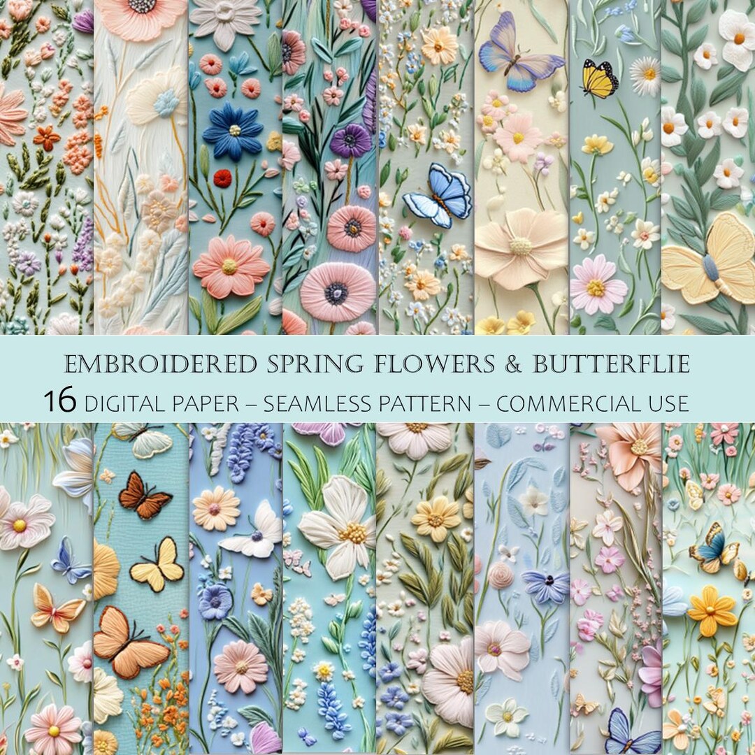 Embroidered Spring Flowers Digital Paper: Seamless Butterfly Patterns ...