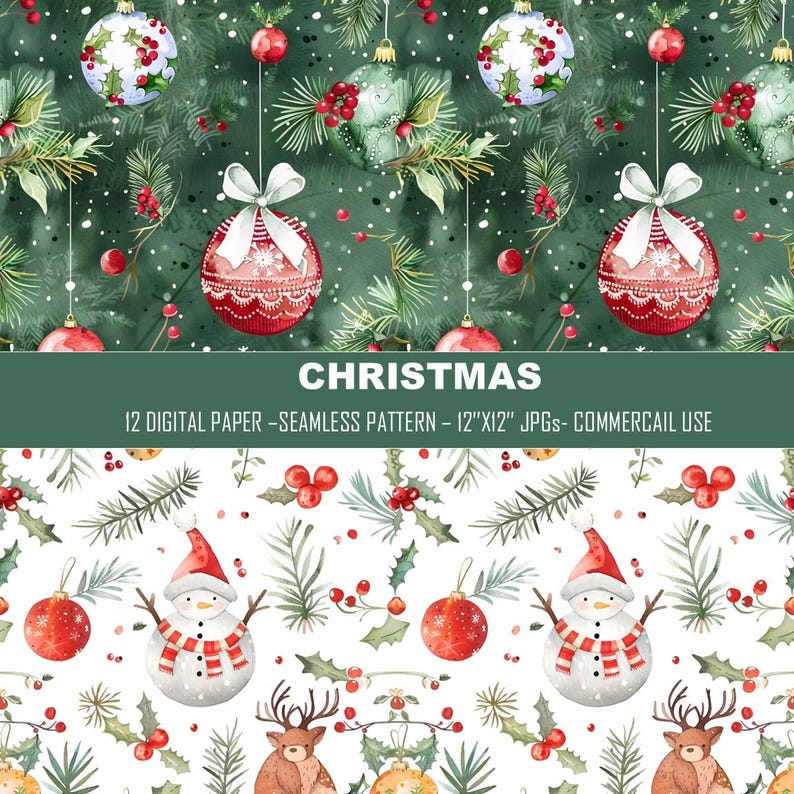 Christmas Digital Paper Pack: Watercolor Holiday Patterns (12x12 Jpgs ...