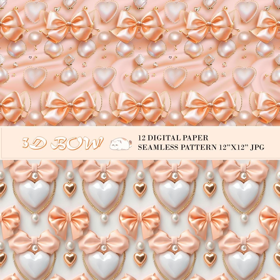 3D Bow Digital Paper Pack Seamless Pattern 3 Pastel Color Peach ,pink ...