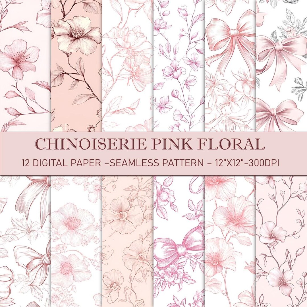 Chinoiserie Pink Floral Digital Paper: Seamless Scrapbook Patterns ...
