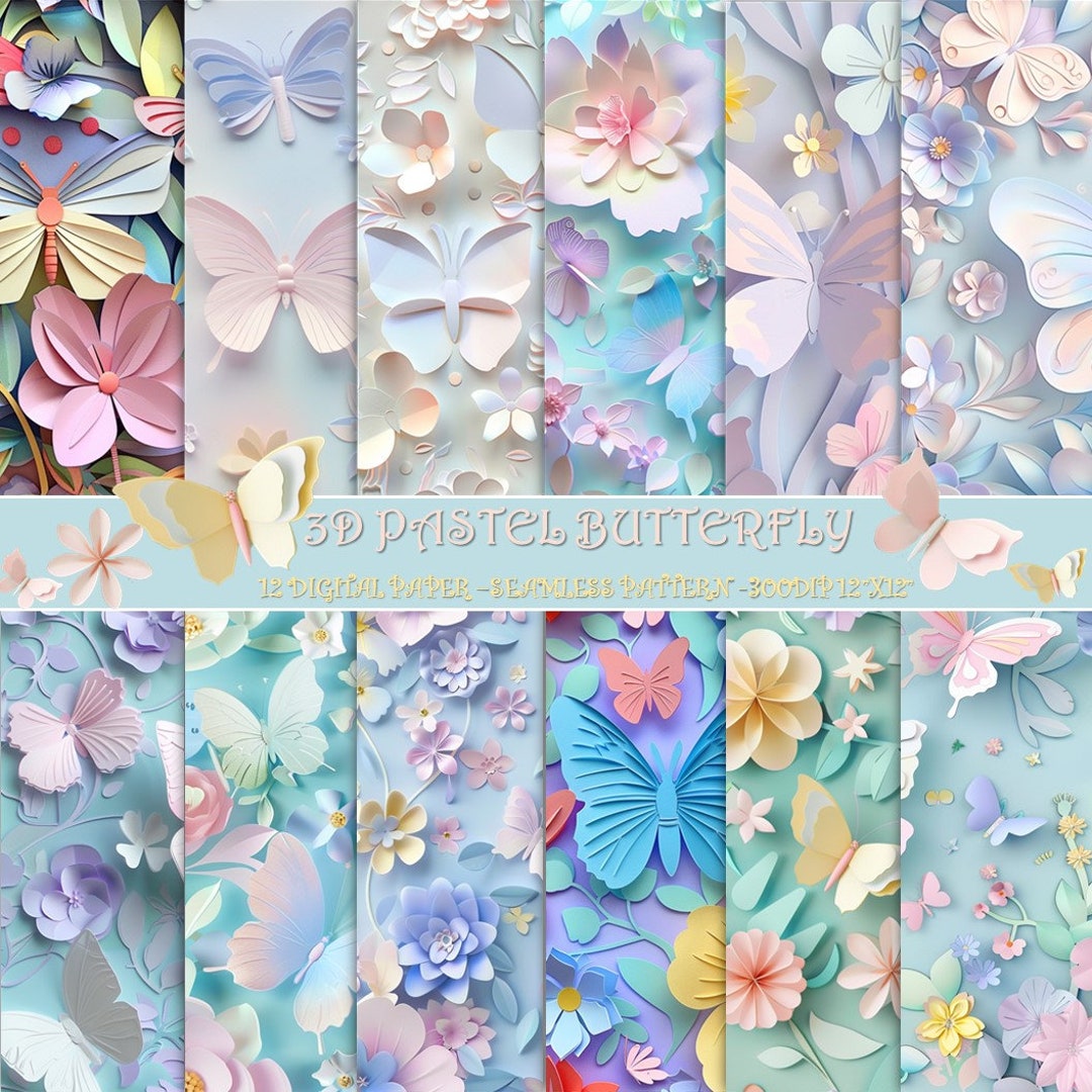 Digital Paper Pack: 3D Pastel Butterfly Seamless Patterns - Instant ...