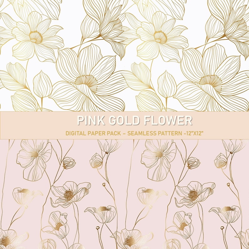 Pink Gold Flower Digital Paper: Seamless Floral Patterns (12x12in) - Etsy
