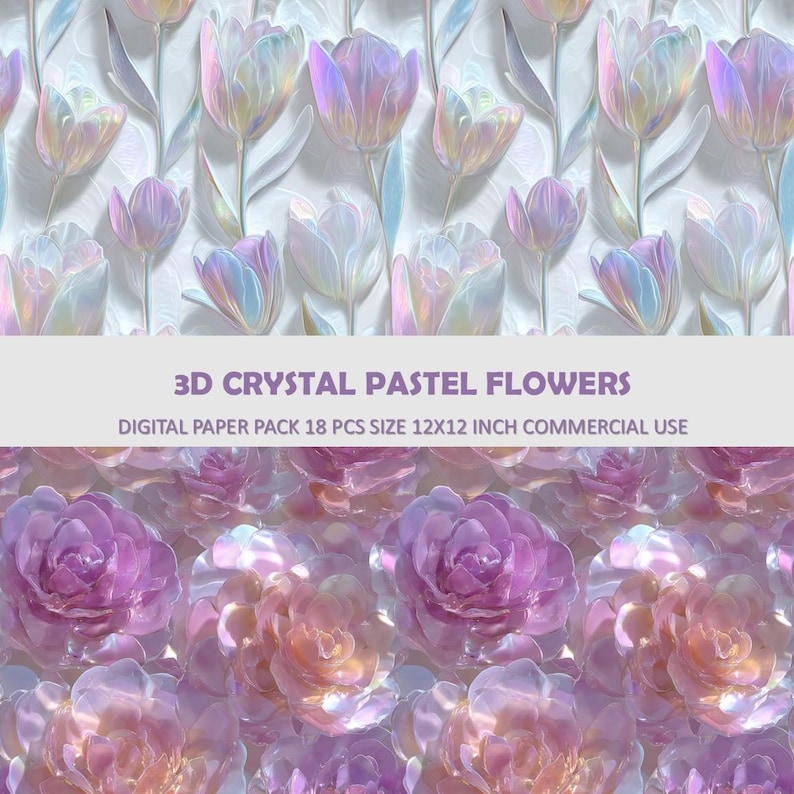 3D Crystal Pastel Flowers Digital Paper: Seamless Floral Pattern ...
