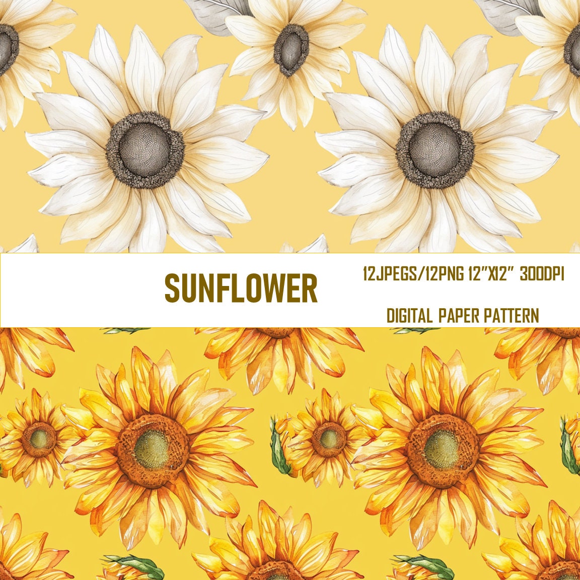 SUNFLOWER DIGITAL PAPER Sunflower Seamless floral Watercolor Yellow ...
