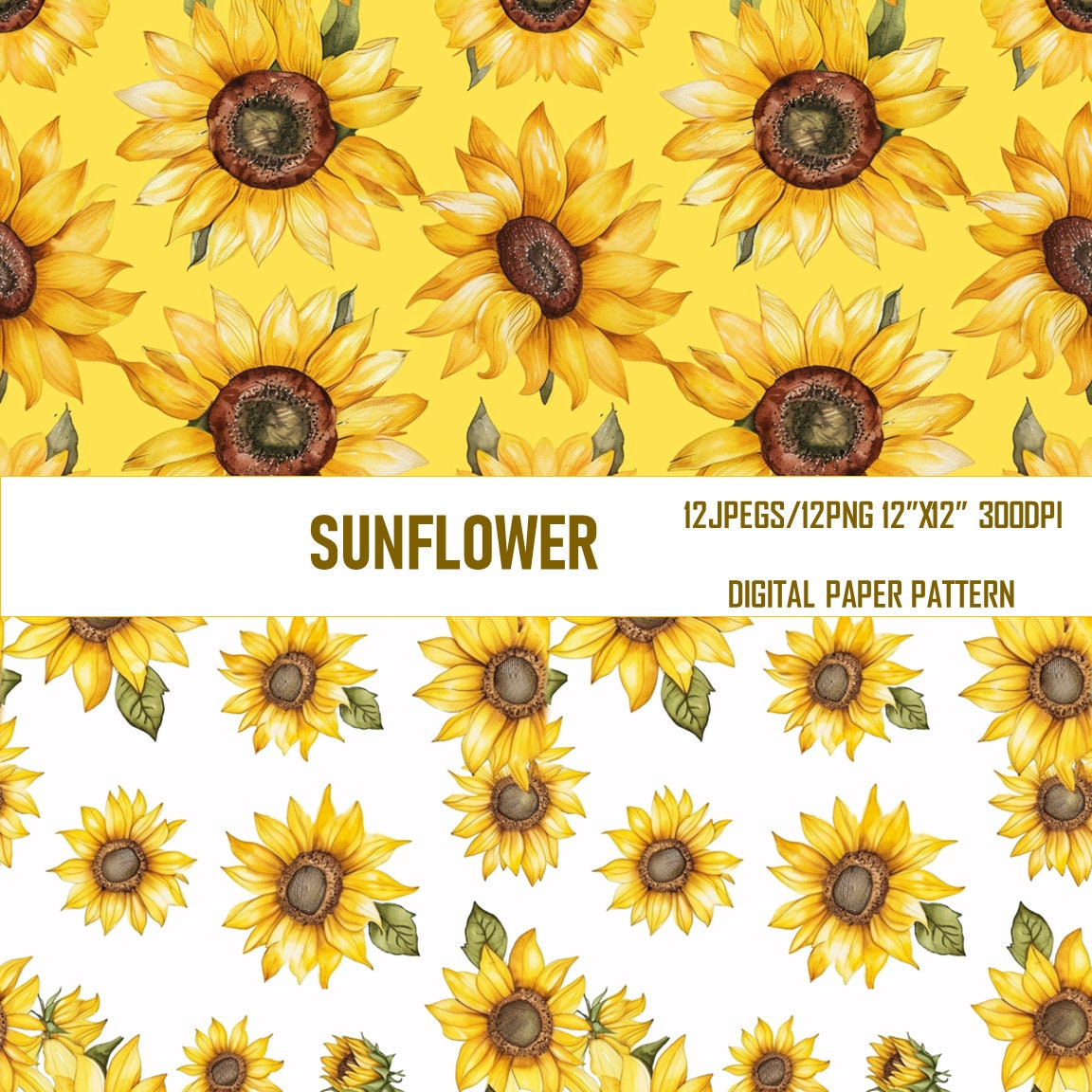 SUNFLOWER DIGITAL PAPER Sunflower Seamless floral Watercolor Yellow ...