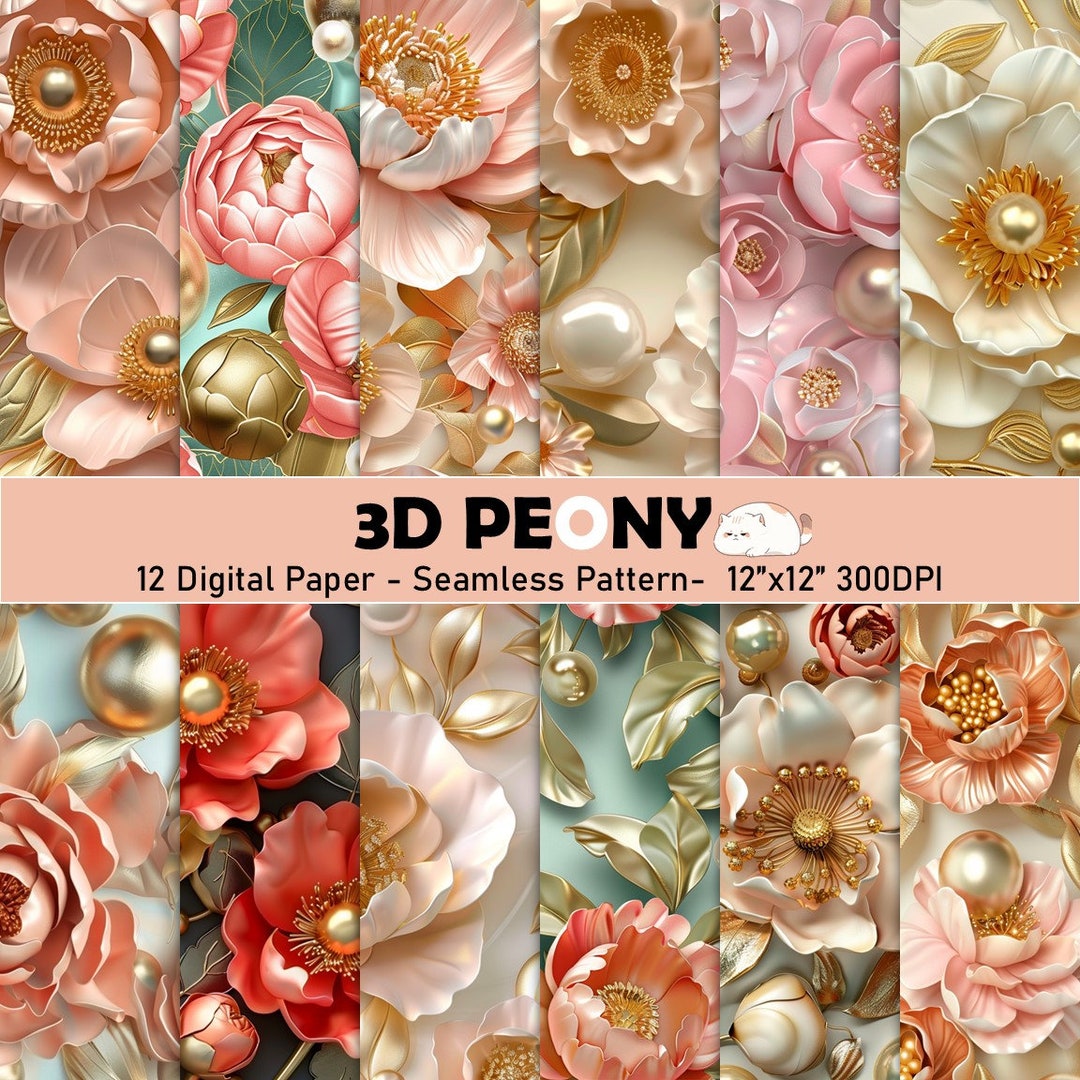 3D PEONY Digital Paper Pack -12 Jpg Digital Paper - Seamless Patterns ...