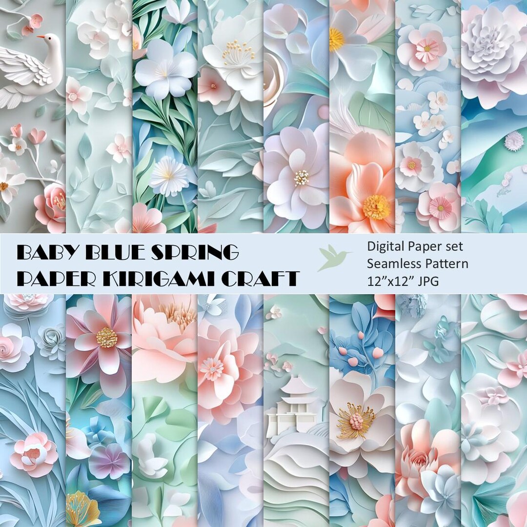 Baby Blue Spring Kirigami Digital Paper | 3D Floral Seamless Pattern ...