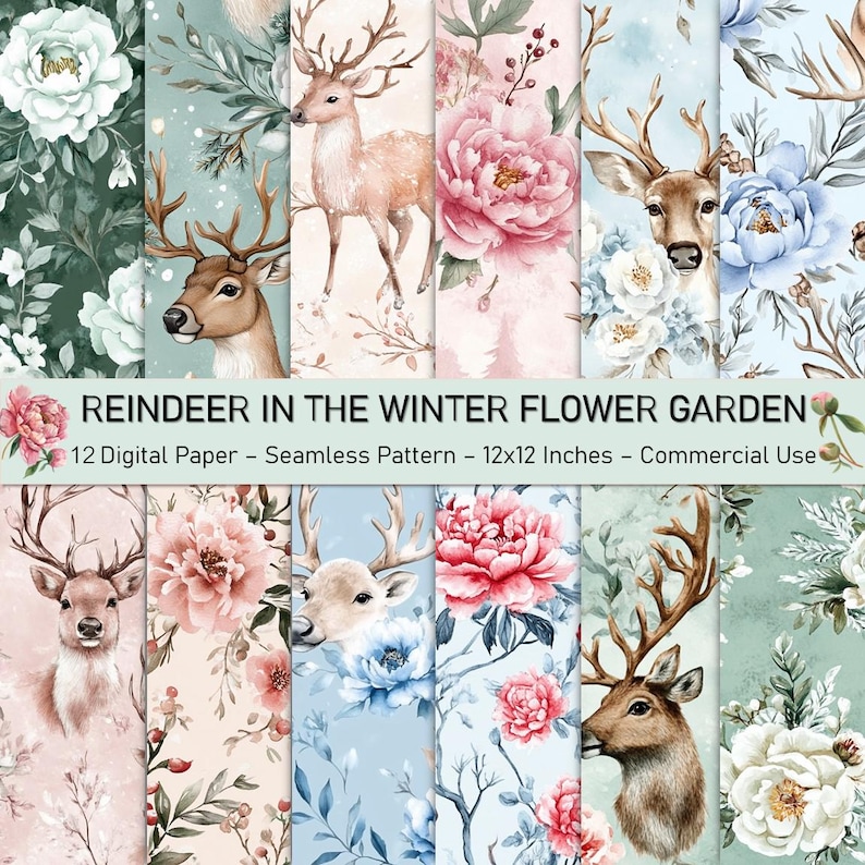 Reindeer in Winter Flower Garden Digital Paper | Seamless Floral, Deer ...