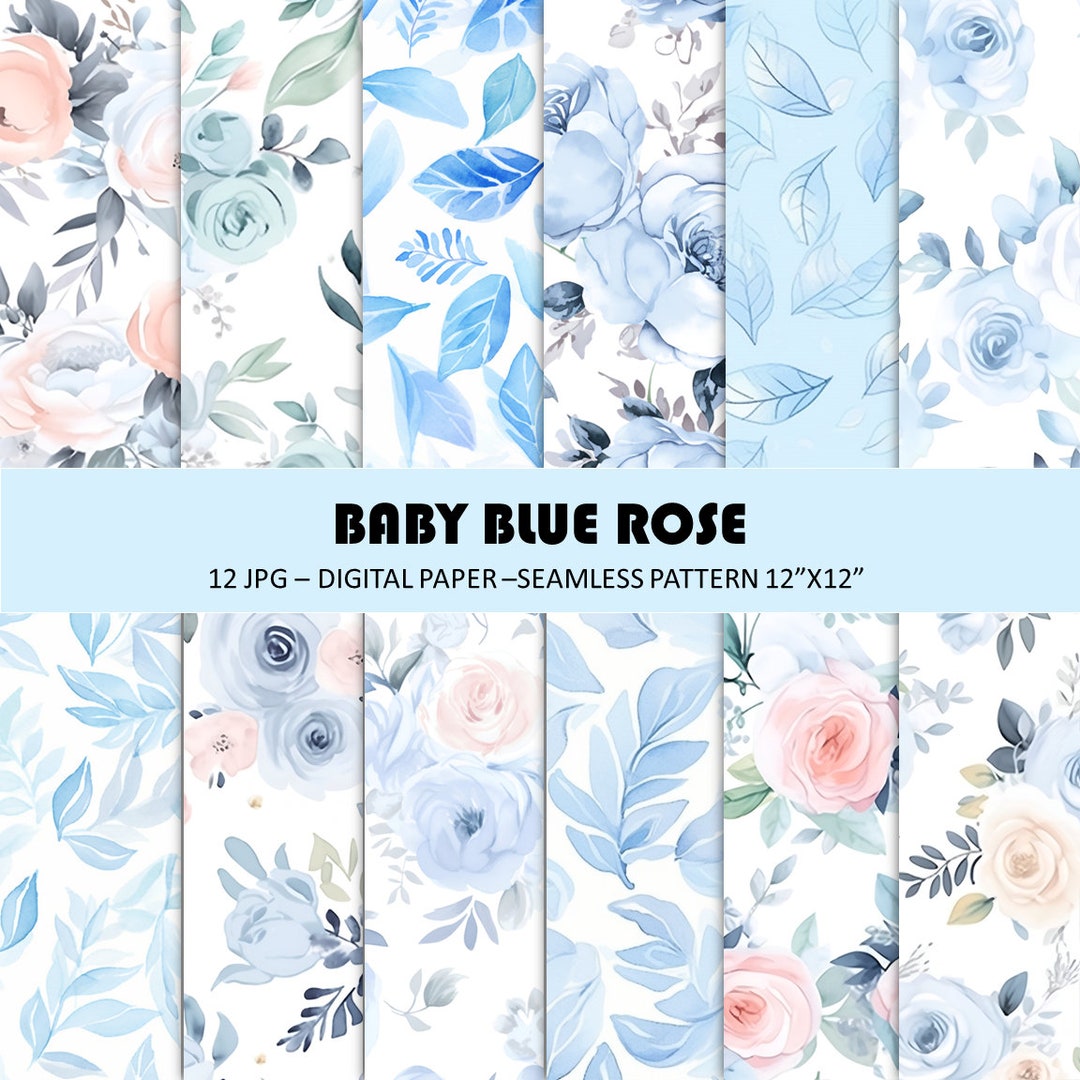 Baby Blue Rose Digital Paper: Watercolor Floral Seamless Pattern ...