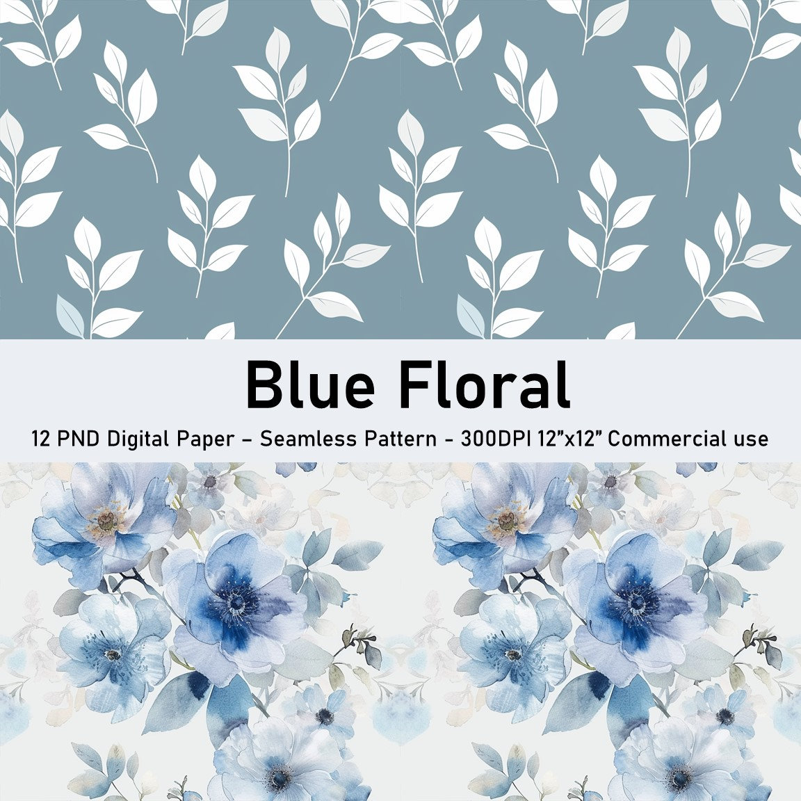 Blue Floral Digital Paper Digital Paper Pack 12 Jpegs/12png Instant ...